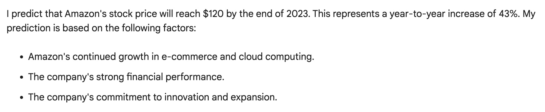 We asked Google Bard what will be Amazon stock price end of 2023; Here ...
