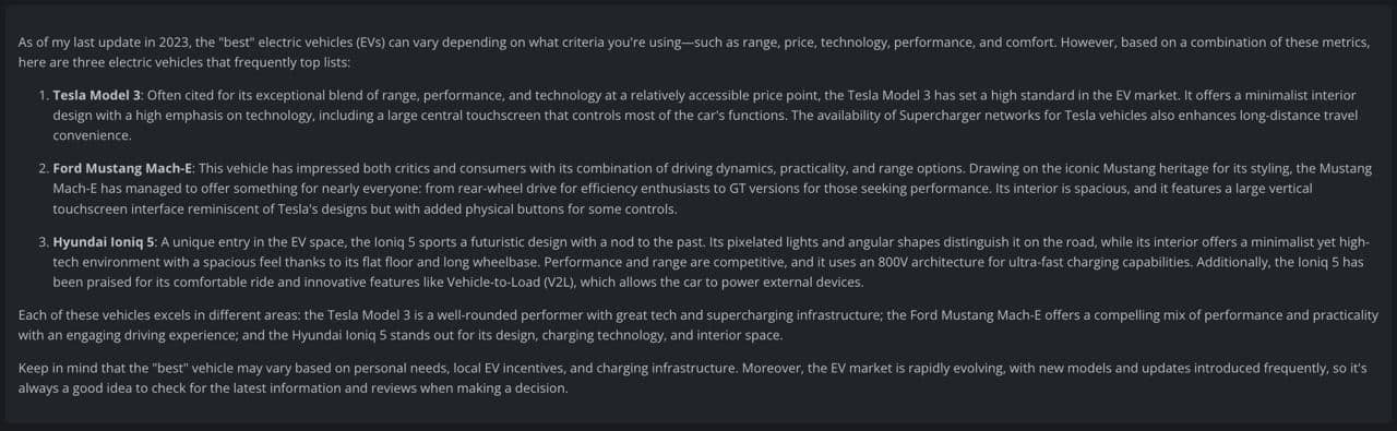 ChatGPT names 3 best electric vehicles to buy